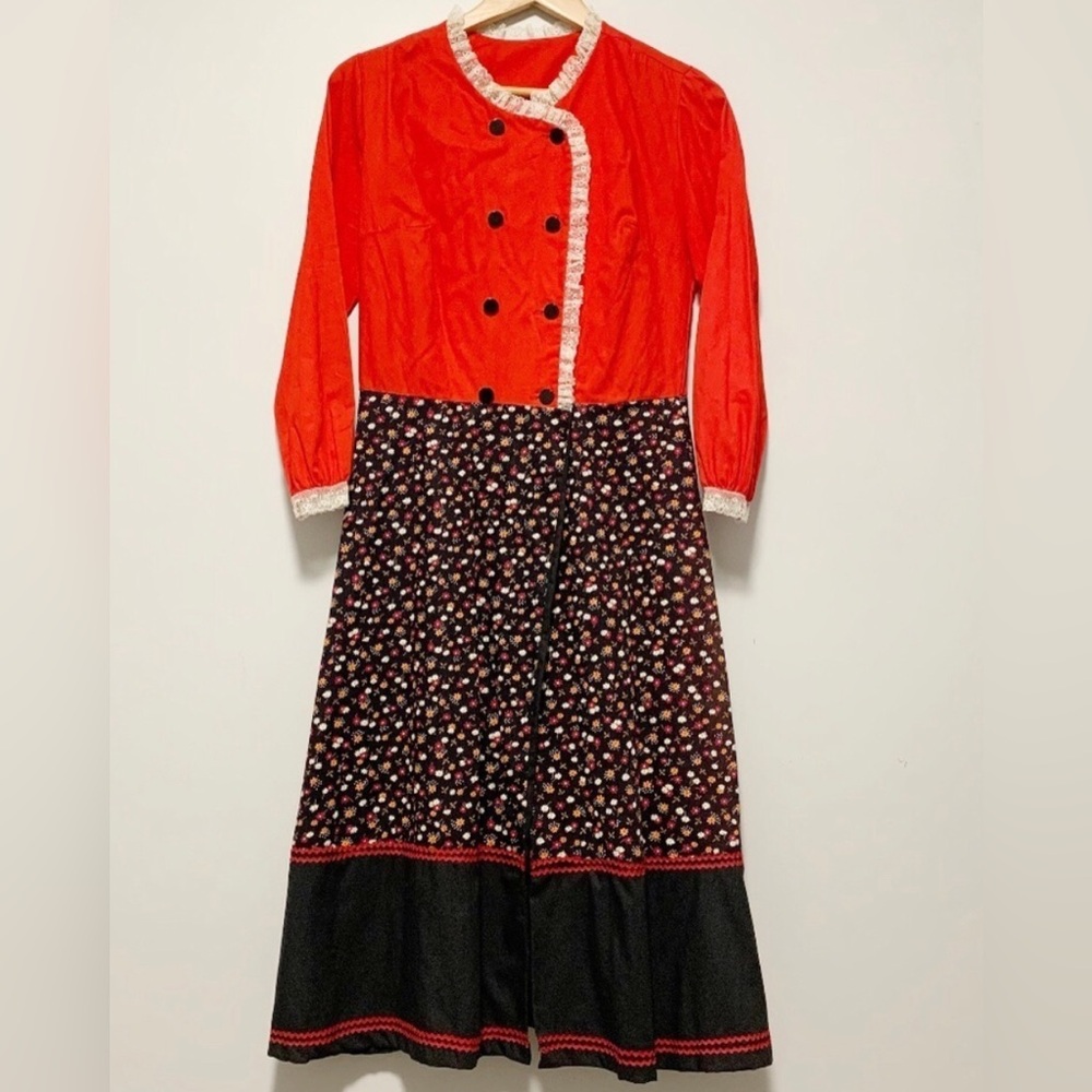 Vintage70’s- Red & Calico Black Floral Print - Coat/ … - Gem